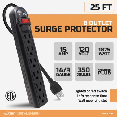 Digital Energy® 6-AC Outlet 350-Joules Surge Protector Power Strip with ...